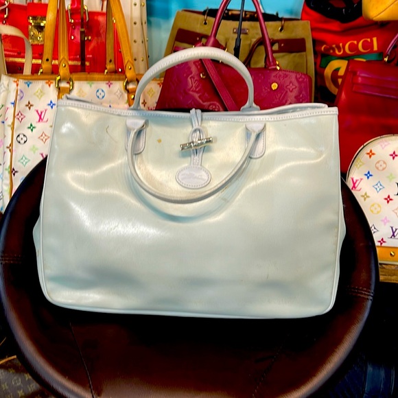 Bags | Longchamp Leatger Baby Blue Tote | Poshmark